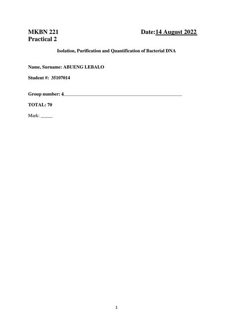 Solution Practical Report On The Isolation Purification And Quantification Of Bacterial Dna