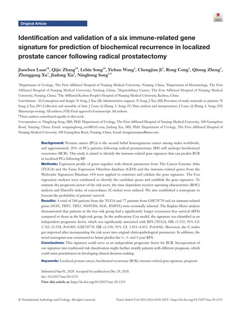 Pdf Identification And Validation Of A Six Immune Related Gene