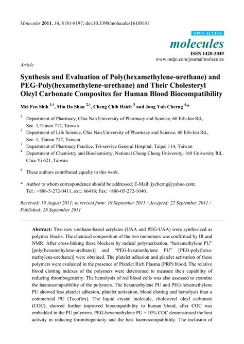 Pdf Synthesis And Evaluation Of Poly Hexamethylene Urethane And Peg Poly Hexamethylene