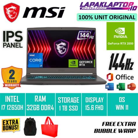 Jual Laptop Gaming Msi Thin B Ucx Intel I H Gb Tb Ssd Rtx Ips Gb Gb Ssd