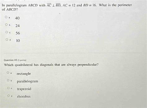 Solved In Parallelogram Abcd With Overline Ac⊥ Overline Bd Ac12 And