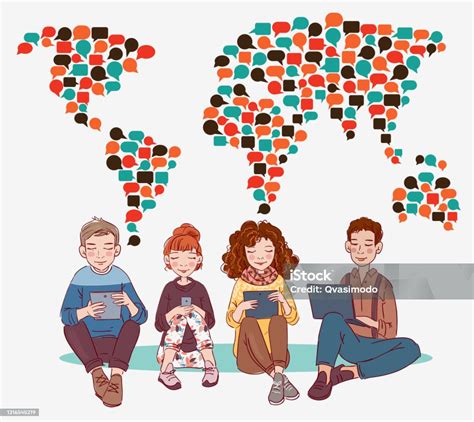 디지털 장치를 사용하는 젊은이들 통신 소셜 미디어 및 연결 일러스트레이션 다채로운 음성 거품으로 만든 세계지도 번역 언어 통역사 및 통신 벡터 개념 공부에 대한 스톡 벡터