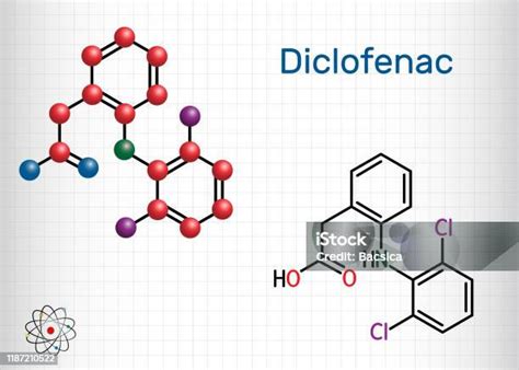 디클로페낙 분자는 비스테로이드 항염증제 약물 인 Nsaid 약물이다 구조 화학 공식 및 분자 모델 케이지에 있는 종이 시트 0