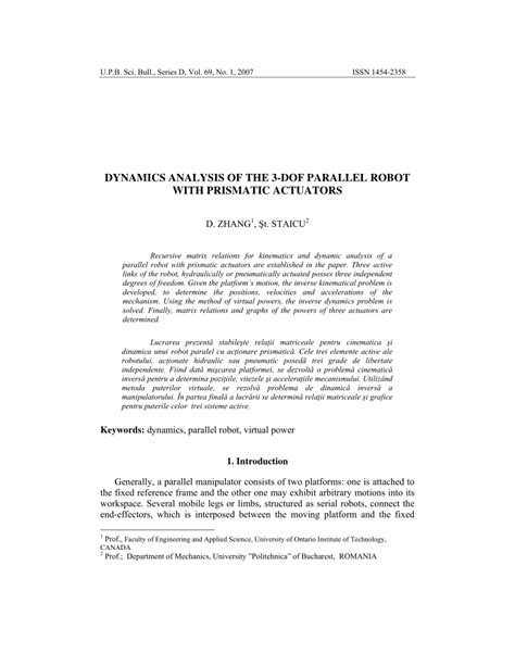 Pdf Dynamics Analysis Of The 3 Dof Parallel Robot With Prismatic