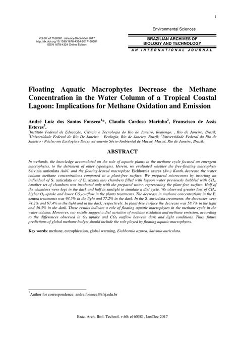 Pdf Floating Aquatic Macrophytes Decrease The Methane Concentration In The Water Column Of A