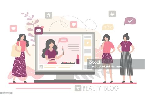 뷰티 블로그를 시청하는 패션 여성들 여성 블로거가 최신 화장품에 대해 이야기합니다 Live Event에 대한 스톡 벡터 아트 및
