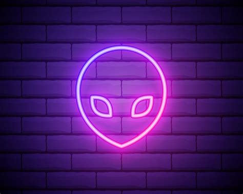 Glowing Neon Alien Icon Isolated On Brick Wall Background Extraterrestrial Alien Face Or Head