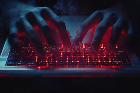 Hands Typing On A Glowing Red Keyboard In The Dark Stock Illustration