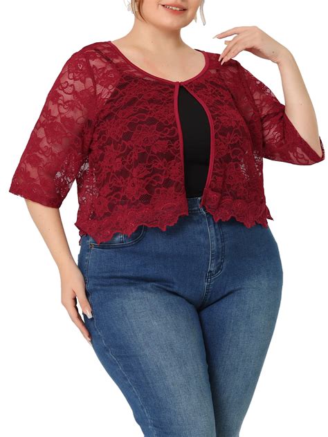 Agnes Orinda Womens Plus Size Sheer Floral Lace Open Front Shrug