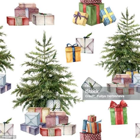 휴일 기호와 수채화 크리스마스 트리 원활한 패턴입니다 흰색 배경에 고립 된 활과 손으로 여러 가지 빛깔의 선물 상자를 그린 디자인 인쇄 패브릭 또는 배경에 대한 그림