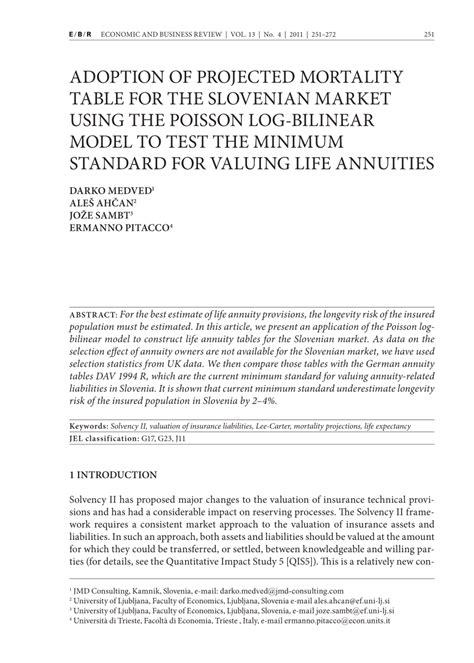 Pdf Adoption Of Projected Mortality Table For The Slovenian Market Using The Poisson Log