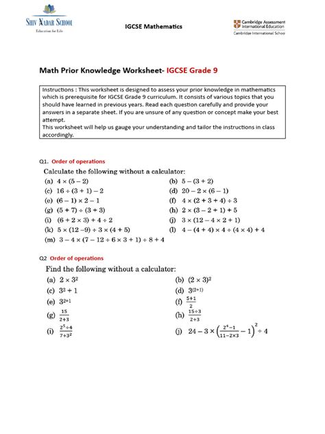 Grade 9 Igcse Math Prior Knowledge Worksheet Pdf Mathematics Numbers