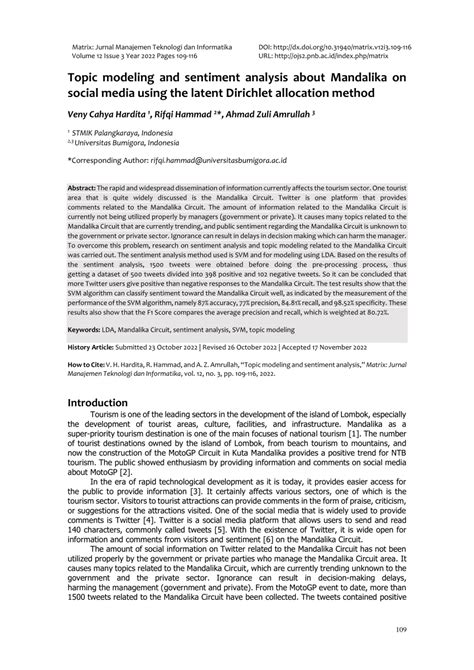 Pdf Topic Modeling And Sentiment Analysis About Mandalika On Social Media Using The Latent