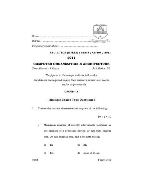 Btech It 4 Sem Computer Organization And Architecture 2011 Pdf Central Processing Unit