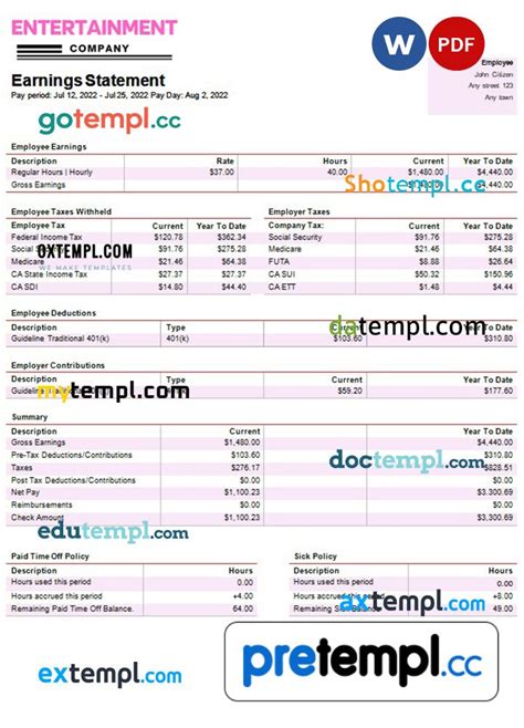 Entertainment Company Paystub Example In Word And Pdf Formats Pretempl