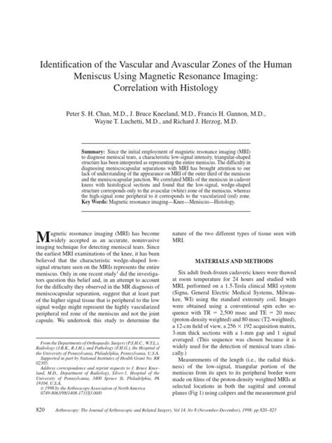 Identification Of Vascular And Avascular Zones Of The Human Meniscus