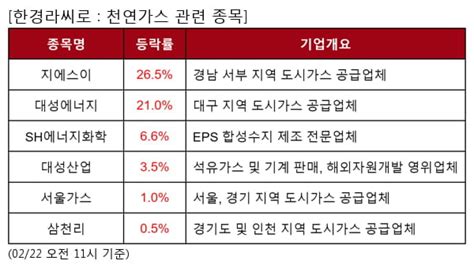천연가스 관련 종목 강세 평균 98 상승 한국경제