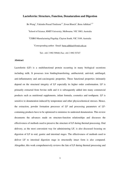 Pdf Lactoferrin Structure Function Denaturation And Digestion