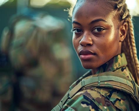 A Woman With A Military Uniform On And A Green Army Uniform Premium