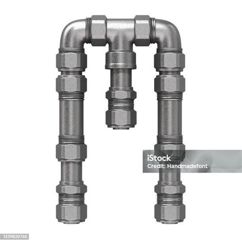 흰색 배경에 고립 된 철 물 파이프로 만든 산업 알파벳 문자의 3d 렌더링 3차원 형태에 대한 스톡 사진 및 기타 이미지 3