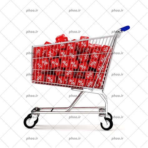 عکس با کیفیت سبد خرید با مکعب های قرمز و علامت درصدروی آن ها عکس با