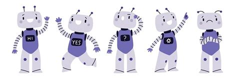 로봇 마스코트 다른 포즈의 안드로이드 디지털 비서 감정 표현 친절한 사이보그 캐릭터 키즈 휴머노이드 Ai 기술 로봇 기계 화려한 벡터 사이버 장난감 세트 다양에 대한 스톡