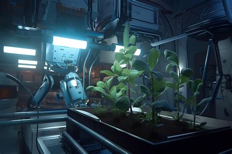 Premium Photo A Robot In A Dark Room With Plants In Pots And A Light