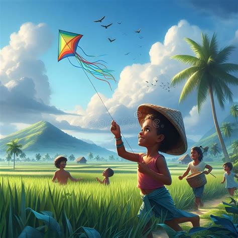 изображение деревенских детей летающих на воздушном змее вокруг своего поля риса Иллюстрация