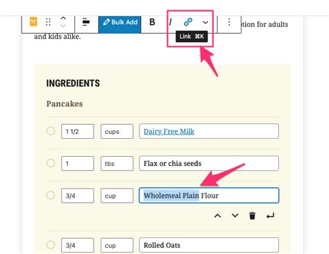 adding links in ingredients and directions recipe card blocks