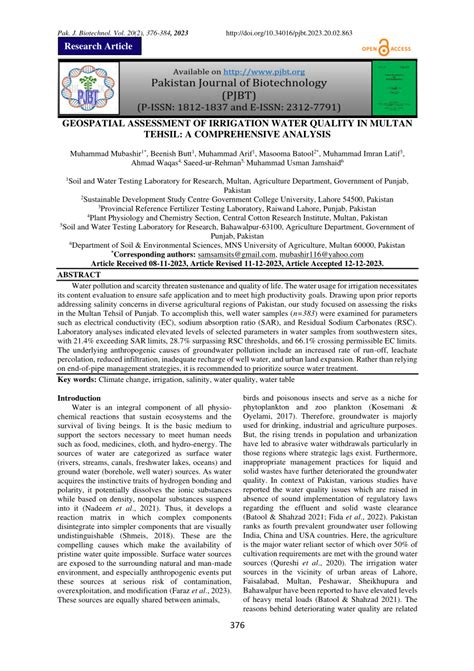 Pdf Geospatial Assessment Of Irrigation Water Quality In Multan Tehsil A Comprehensive Analysis