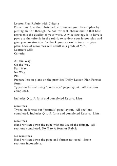 Lesson Plan Rubric With Criteria Directions Use The Rubric Belodocx