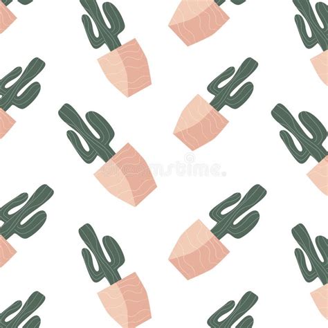 Scandinavian Houseplant Cactus In Pink Pot Pattern Stock Vector