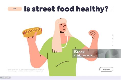 맛있는 핫도그를 먹는 행복한 여자가 길거리 음식이 건강하다고 생각하는 방문 페이지 가공육에 대한 스톡 벡터 아트 및 기타 이미지