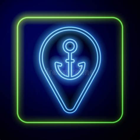 Glowing Neon Map Pointer With Anchor Icon Isolated On Blue Background Vector Stock Illustration