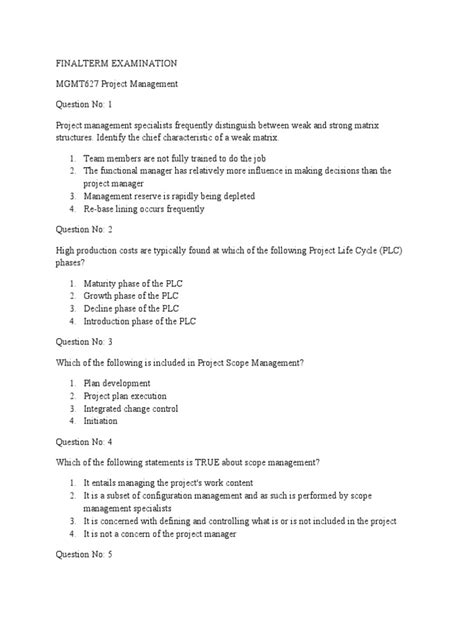 Finalterm Examination Mgmt 627 Project Maangement Pdf Project Management Life Cycle Assessment