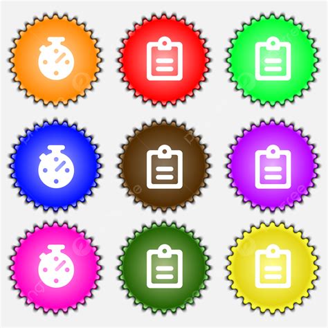 Set Of Nine Diverse Colored Labels Featuring A Text File Icon Symbol Photo Background And