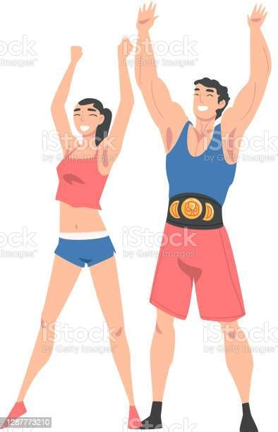 운동 근육 남자와 슬림 여자 스포츠웨어에 서 와 함께 제기 손 벡터 일러스트 가냘픈에 대한 스톡 벡터 아트 및 기타 이미지
