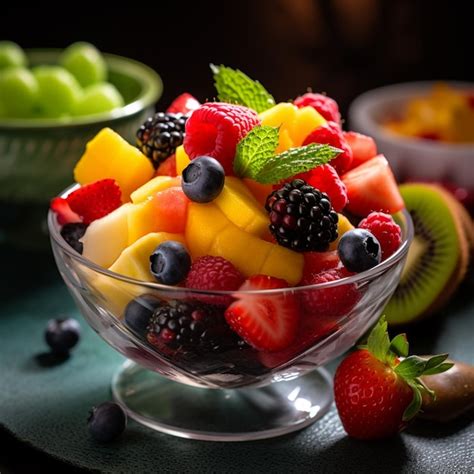 Premium Photo A Bowl Of Fruit With A Green Leaf On The Side