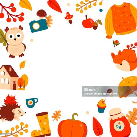 귀여운 요소가있는 가을 인사말 카드 템플릿 스웨터 여우 고슴도치 나뭇잎 집 올빼미 부츠 우산 버섯 등 그림 11월에 대한 스톡 벡터 아트 및 기타 이미지 Istock