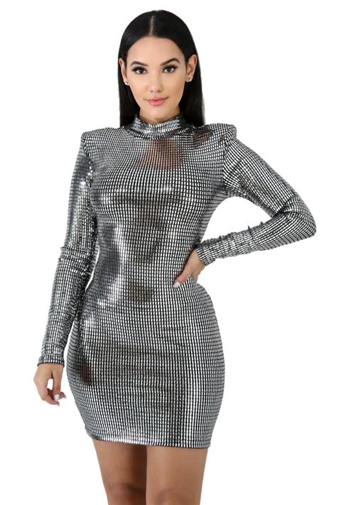 Dazzling Sliver Bodycon Mini Dress Women Sexy O Neck Long Sleeve