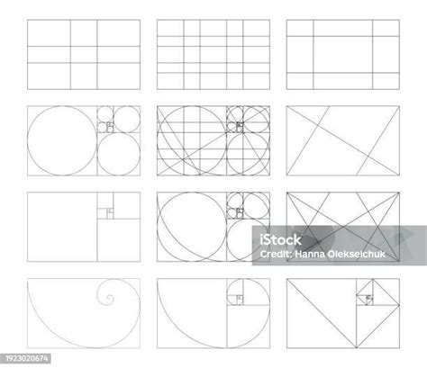 황금 비율 프레임 세트 방법 황금 단면 템플릿입니다 피보나치 배열 숫자 하모니 비율 그리드 윤곽선 벡터 그림입니다 엡스 그래프에 대한 스톡 벡터 아트 및 기타 이미지