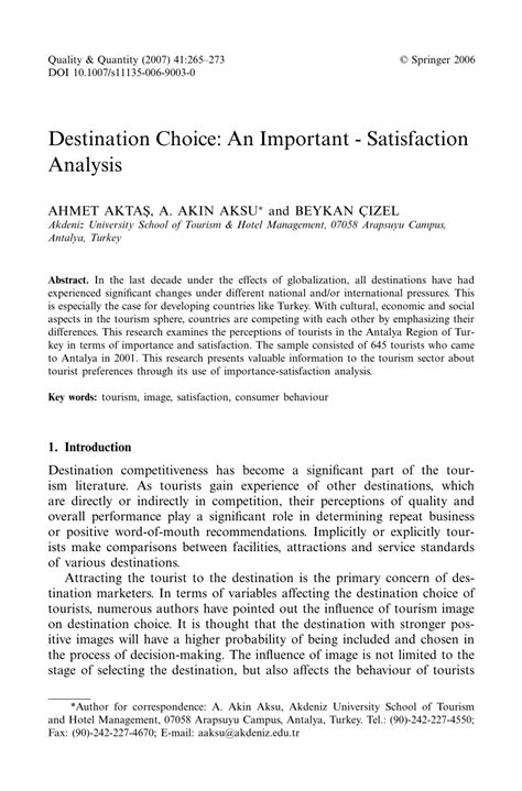 Pdf Destination Choice An Important Satisfaction Analysis