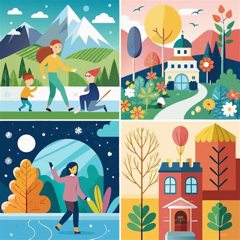 Posters Of Seasons Winter Spring Summer Autumn Illustrations Of A