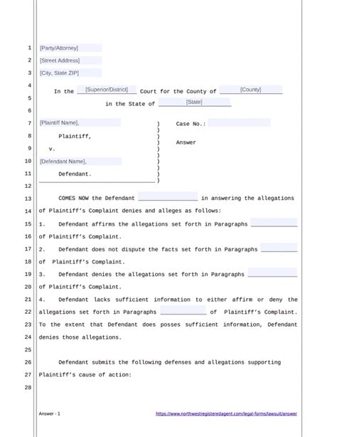 Summons And Complaint Answer Template