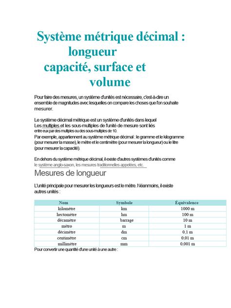 Système Décimal Métrique Pdf Litre Système International Dunités