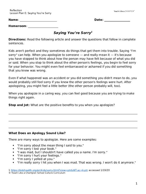 Saying Youre Sorry Reflection Questions Doc Template Pdffiller
