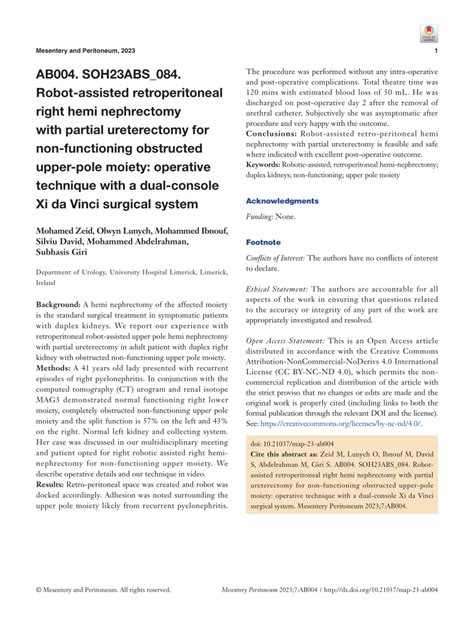 Pdf Ab004 Soh23abs 084 Robot Assisted Retroperitoneal Right Hemi Nephrectomy With Partial