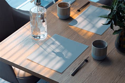 아시아 음식 카페에서 나무 테이블에 빈 흰색 종이 시트 3d 렌더링 고정됨에 대한 스톡 사진 및 기타 이미지 고정됨 공란 깨끗한 Istock