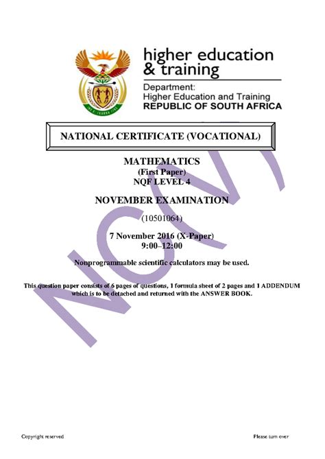 Math Nov 2016 P1 Qp Ncv 4 Mathematics Examination Paper 1 2016