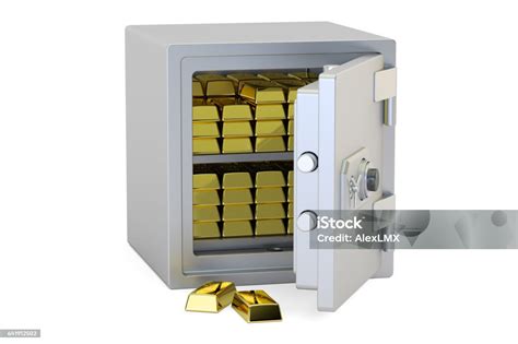 안전한 상자와 황금 덩어리 3d 렌더링 안전 보관함에 대한 스톡 벡터 아트 및 기타 이미지 안전 보관함 열다 0명